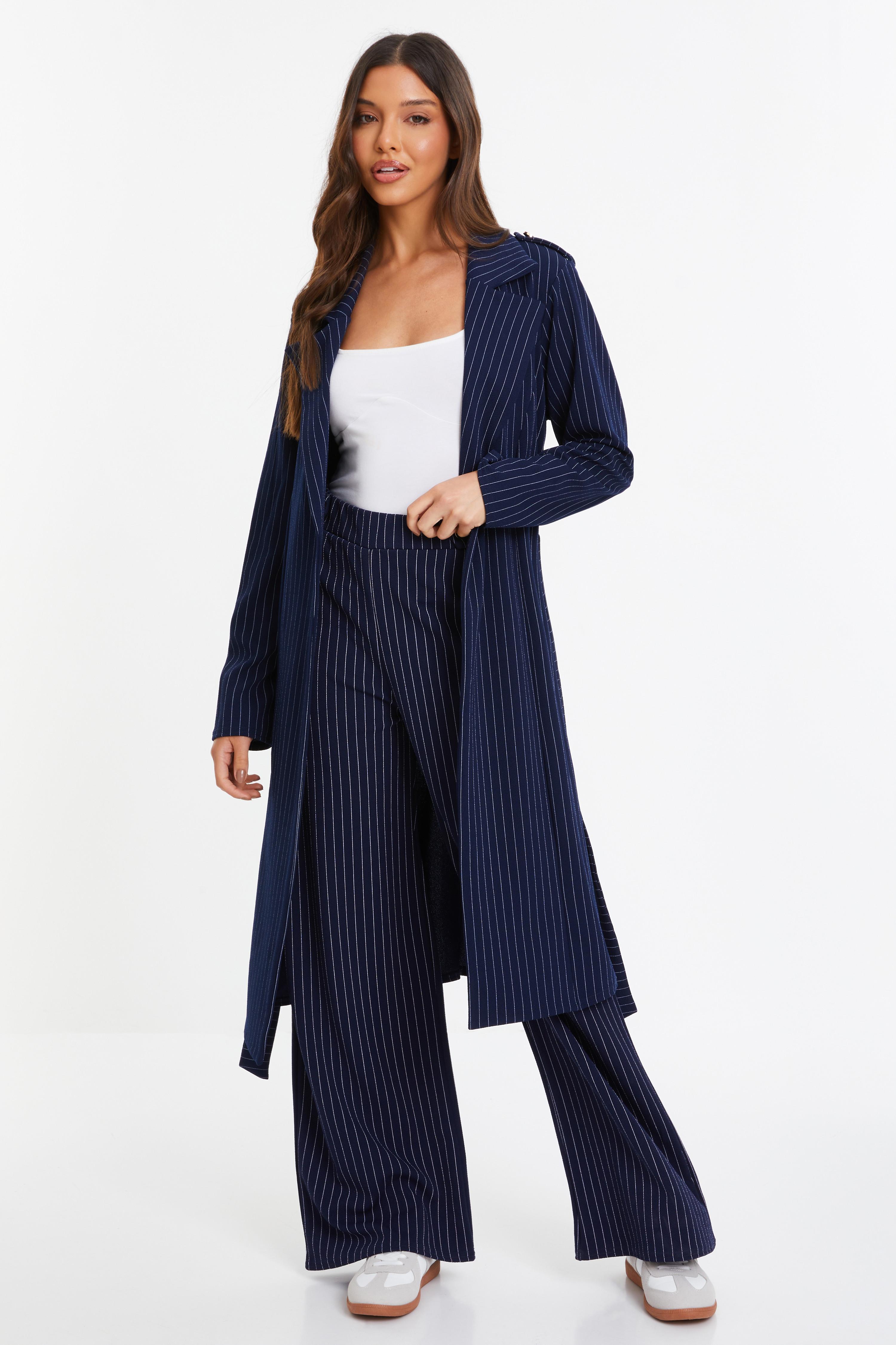 Light wight Navy Pinstripe Tie Belt Duster Coat — 16 – Quiz Clothing